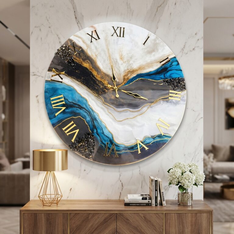 Handcrafted Resin Wall Clock – Abstract Marble Design with Gold Roman ...